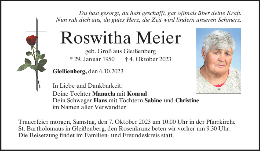 Traueranzeigen von Roswitha Meier | Mittelbayerische Trauer