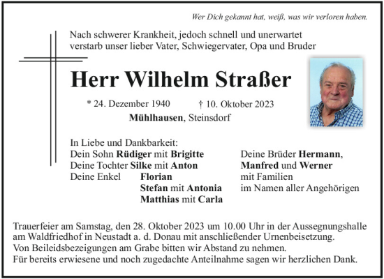 Traueranzeigen von Wilhelm Straßer | Mittelbayerische Trauer
