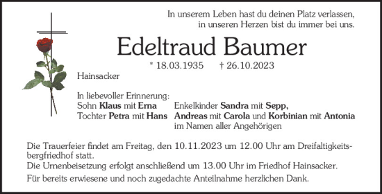 Traueranzeigen von Edeltraud Baumer | Mittelbayerische Trauer