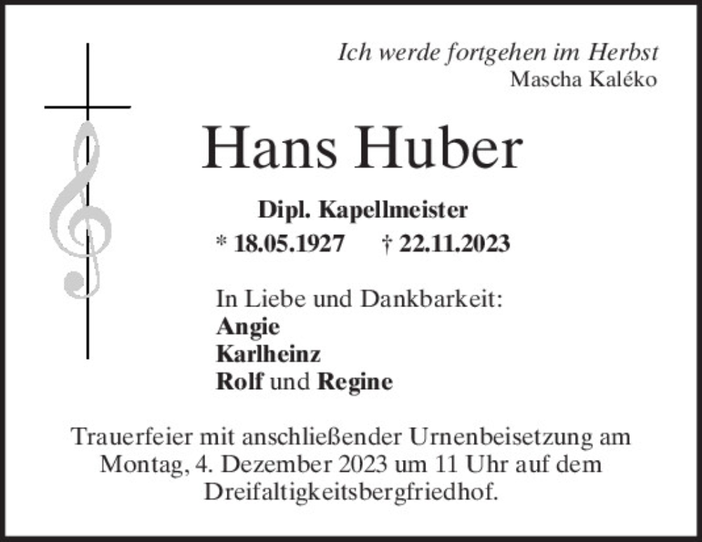 Traueranzeigen von Hans Huber | Mittelbayerische Trauer