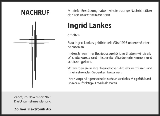 Traueranzeigen von Ingrid Lankes | Mittelbayerische Trauer