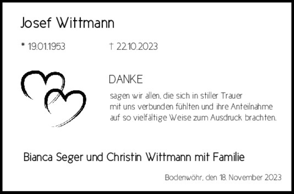 Traueranzeigen von Josef Wittmann | Mittelbayerische Trauer