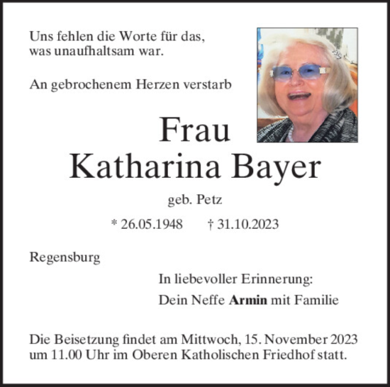 Traueranzeigen von Katharina Bayer | Mittelbayerische Trauer