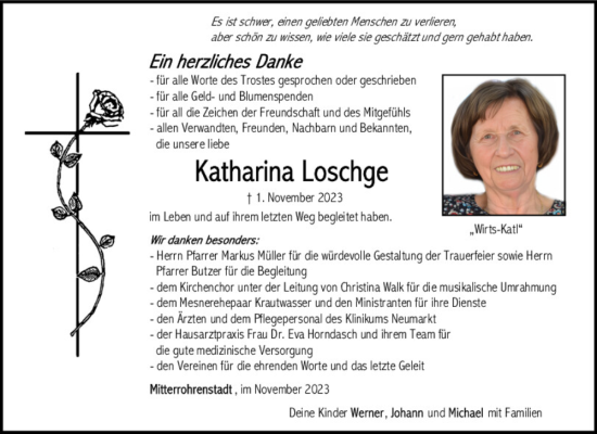 Traueranzeigen von Katharina Loschge | Mittelbayerische Trauer