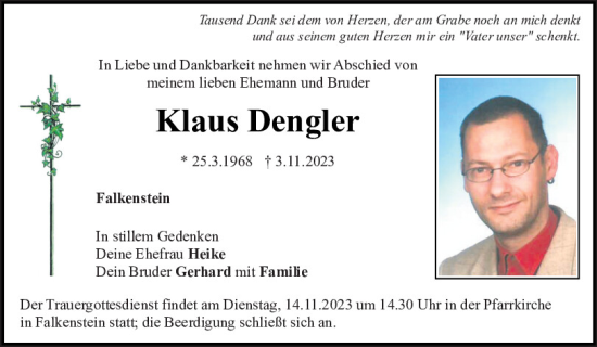 Traueranzeigen von Klaus Dengler | Mittelbayerische Trauer