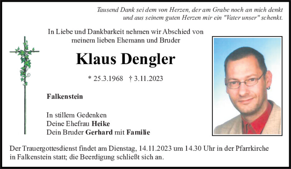 Traueranzeigen von Klaus Dengler | Mittelbayerische Trauer