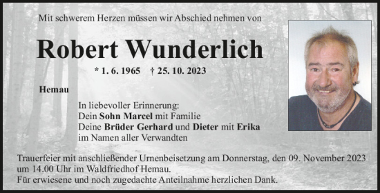 Traueranzeigen von Robert Wunderlich | Mittelbayerische Trauer