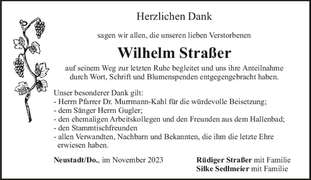 Traueranzeigen von Wilhelm Straßer | Mittelbayerische Trauer