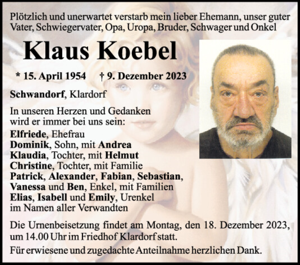 Traueranzeigen von Klaus Koebel | Mittelbayerische Trauer