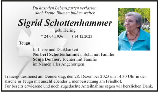 Traueranzeigen von Sigrid Schottenhammer | Mittelbayerische Trauer