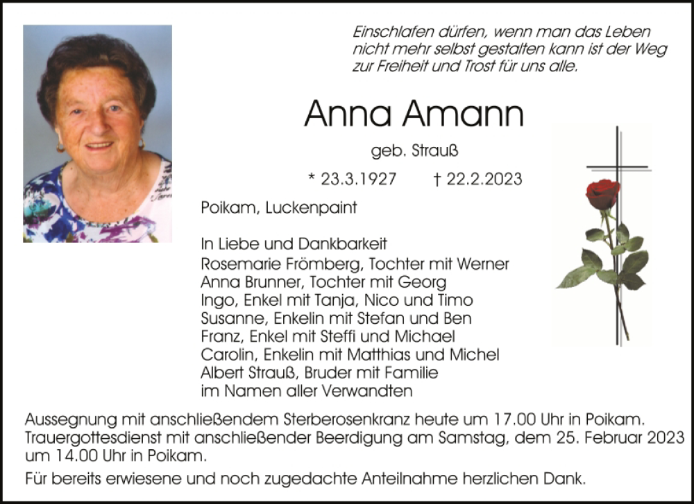 Traueranzeigen von Anna Amann | Mittelbayerische Trauer