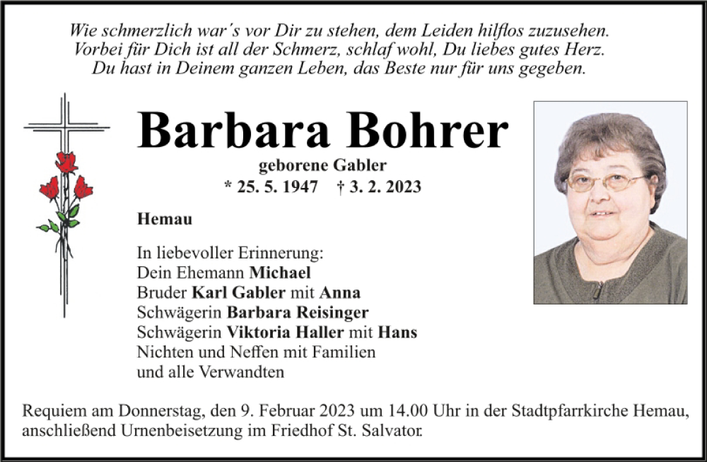 Traueranzeigen von Barbara Bohrer | Mittelbayerische Trauer