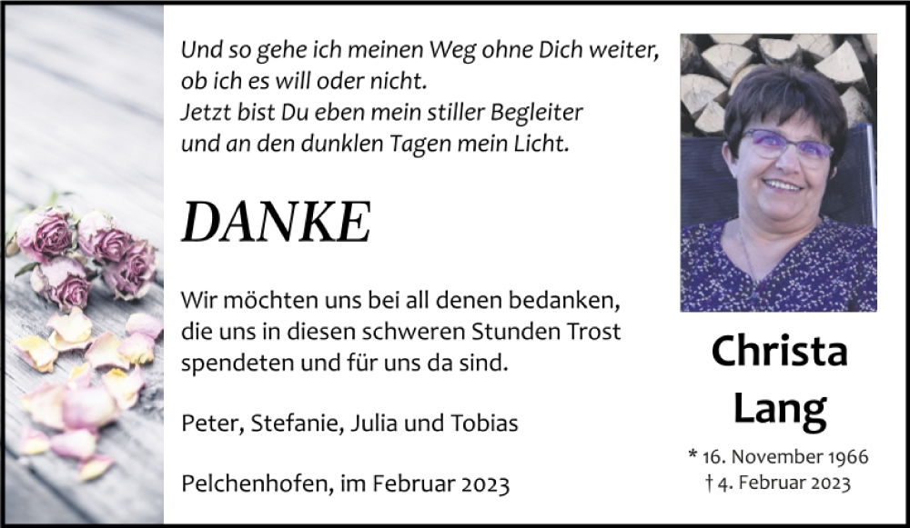 Traueranzeigen von Christa Lang | Mittelbayerische Trauer