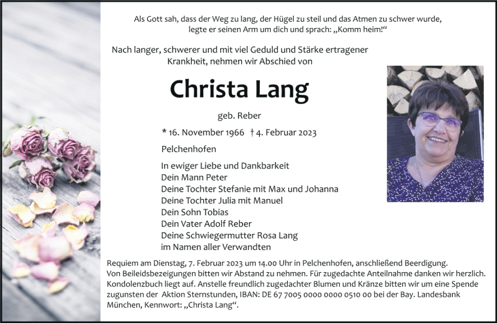 Traueranzeigen von Christa Lang | Mittelbayerische Trauer