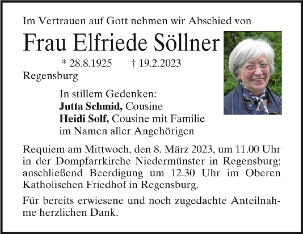 Traueranzeigen von Elfriede Söllner | Mittelbayerische Trauer
