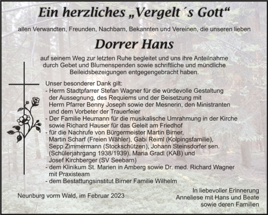 Traueranzeigen von Hans Dorrer | Mittelbayerische Trauer