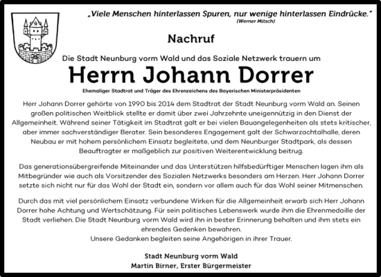 Traueranzeigen von Johann Dorrer | Mittelbayerische Trauer