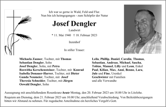 Traueranzeigen von Josef Dengler | Mittelbayerische Trauer