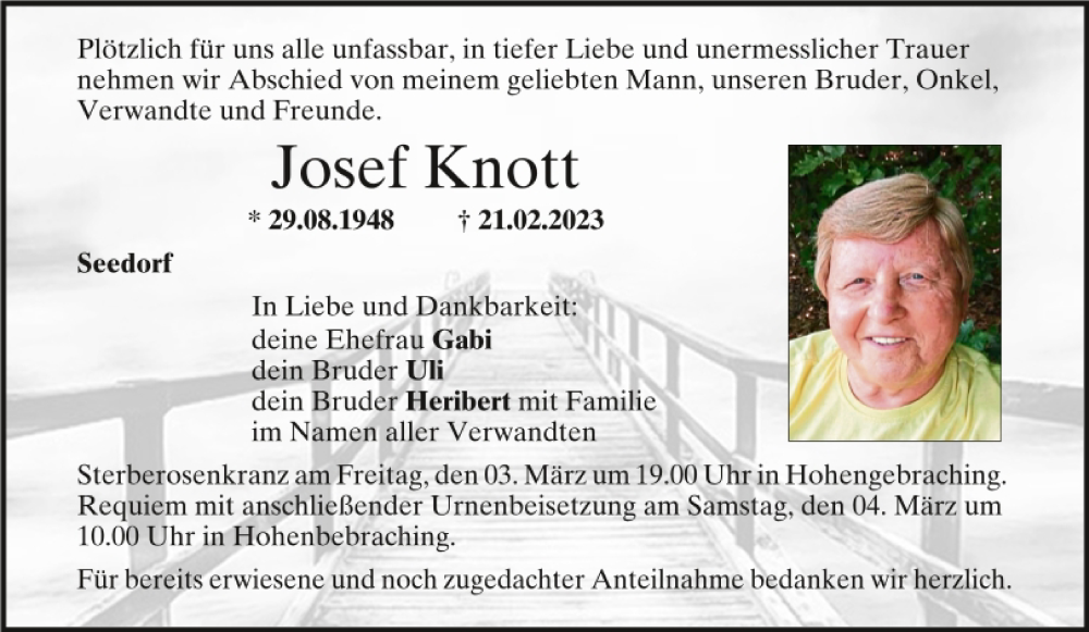 Traueranzeigen von Josef Knott | Mittelbayerische Trauer