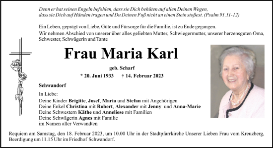 Traueranzeigen von Maria Karl | Mittelbayerische Trauer