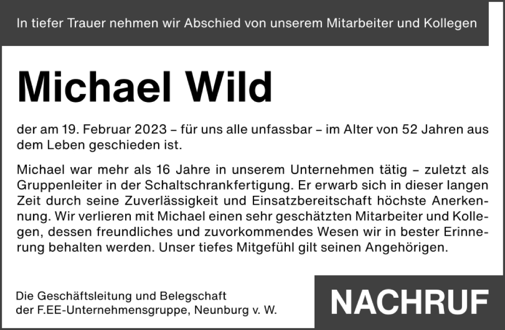 Traueranzeigen von Michael Wild | Mittelbayerische Trauer