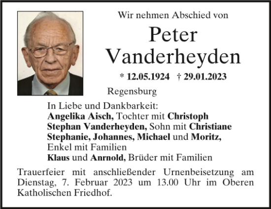 Traueranzeigen von Peter Vanderheyden | Mittelbayerische Trauer