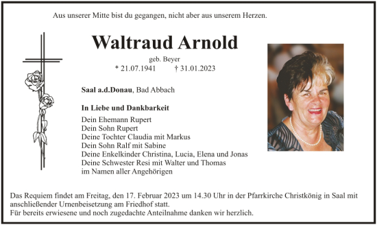 Traueranzeigen von Waltraud Arnold | Mittelbayerische Trauer