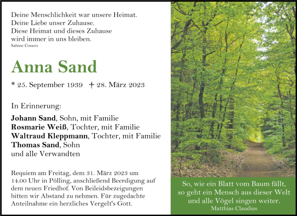Traueranzeigen von Anna Sand | Mittelbayerische Trauer
