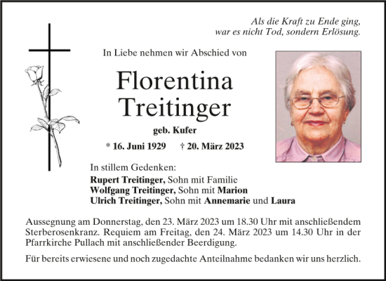 Traueranzeigen von Florentina Treitinger | Mittelbayerische Trauer