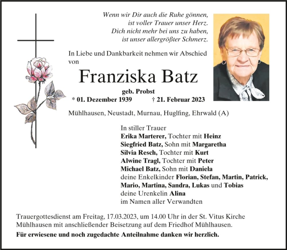 Traueranzeigen von Franziska Batz | Mittelbayerische Trauer