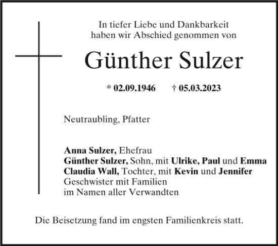 Traueranzeigen von Günther Sulzer | Mittelbayerische Trauer