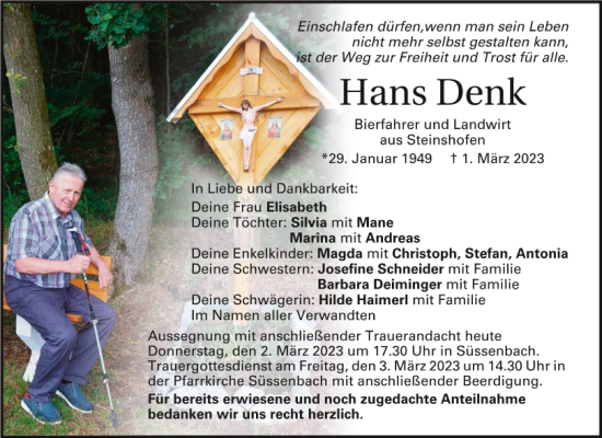Traueranzeigen von Hans Denk | Mittelbayerische Trauer