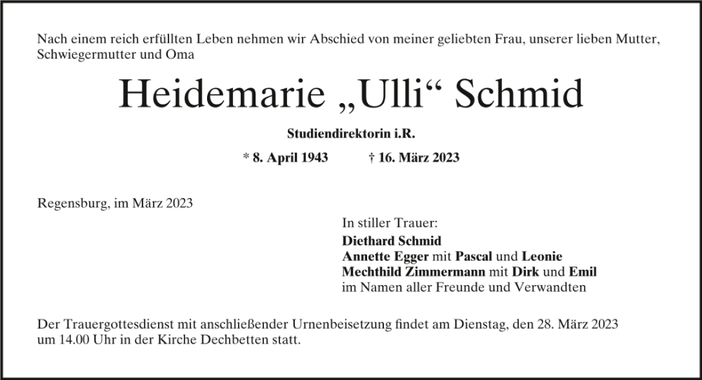 Traueranzeigen von Heidemarie Schmid | Mittelbayerische Trauer