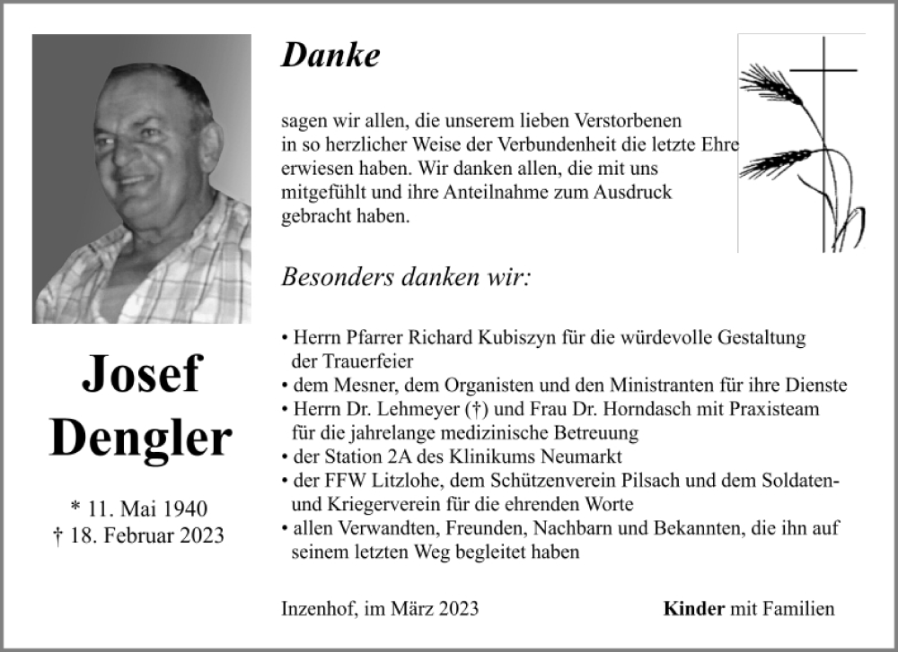 Traueranzeigen von Josef Dengler | Mittelbayerische Trauer