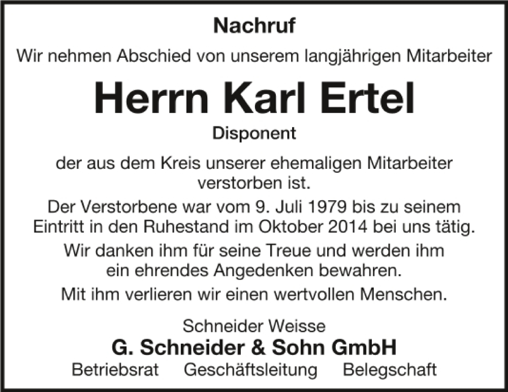 Traueranzeigen von Karl Ertel | Mittelbayerische Trauer