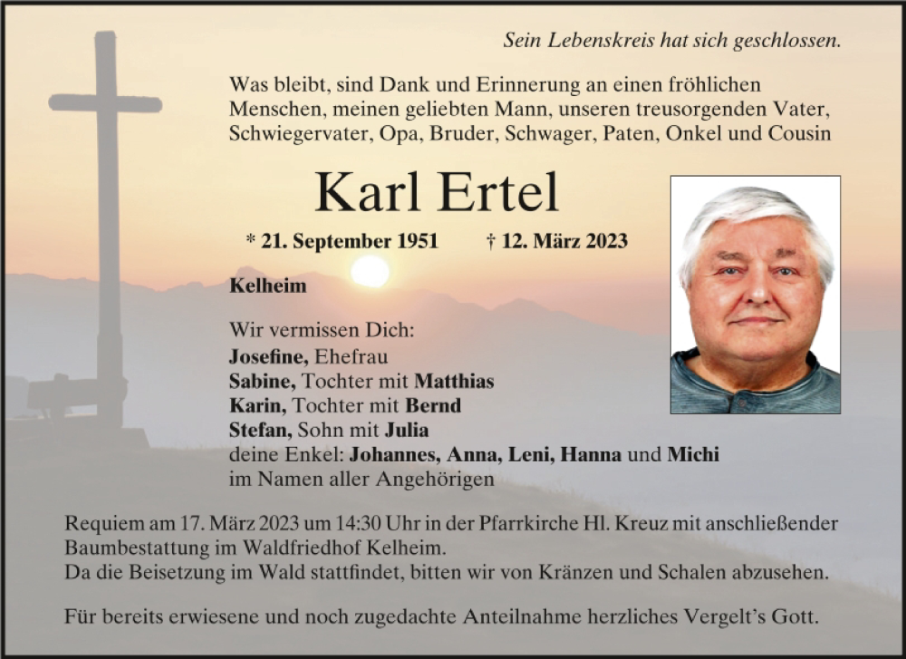 Traueranzeigen von Karl Ertel | Mittelbayerische Trauer