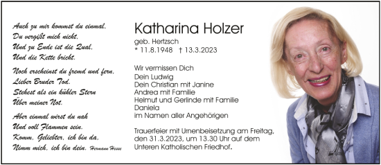 Traueranzeigen von Katharina Holzer | Mittelbayerische Trauer