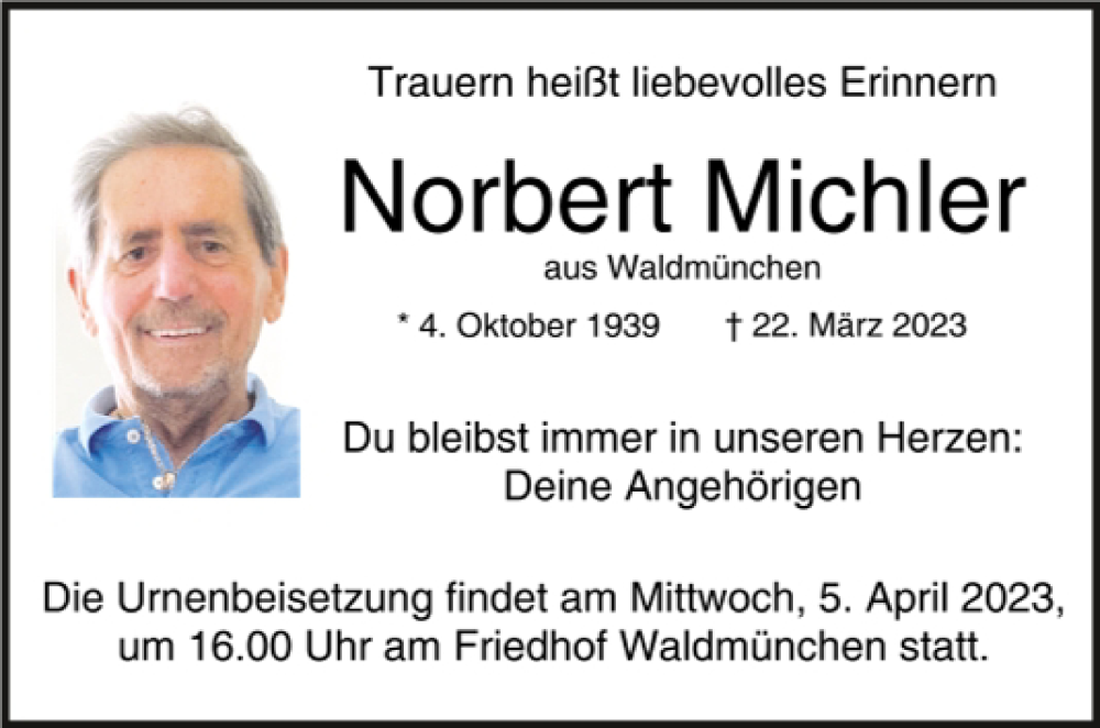 Traueranzeigen von Norbert Michler | Mittelbayerische Trauer