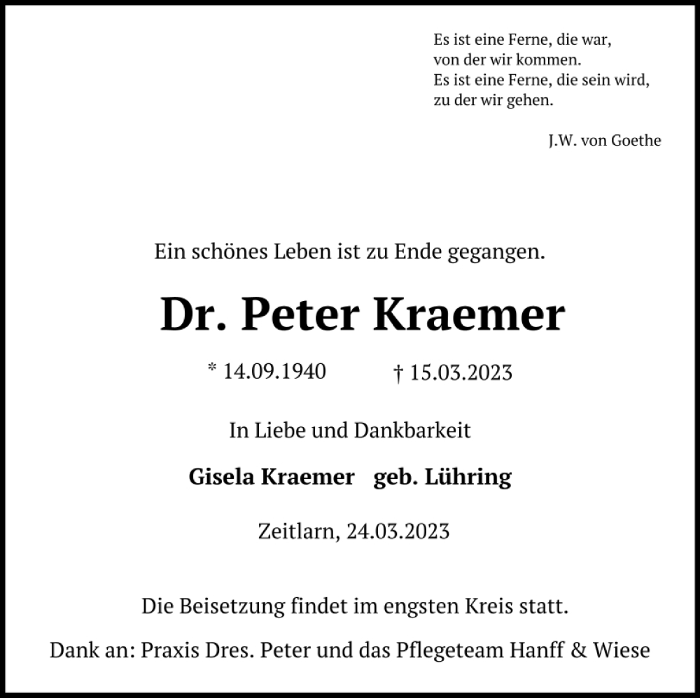 Traueranzeigen von Peter Kraemer | Mittelbayerische Trauer