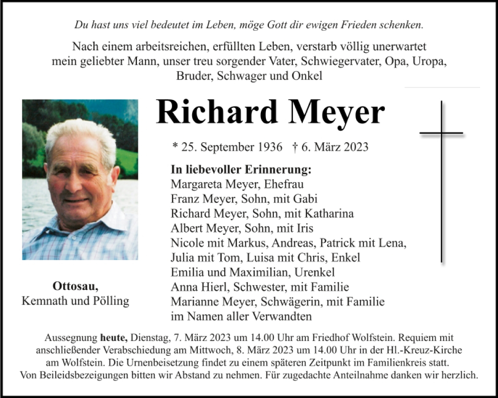 Traueranzeigen von Richard Meyer | Mittelbayerische Trauer