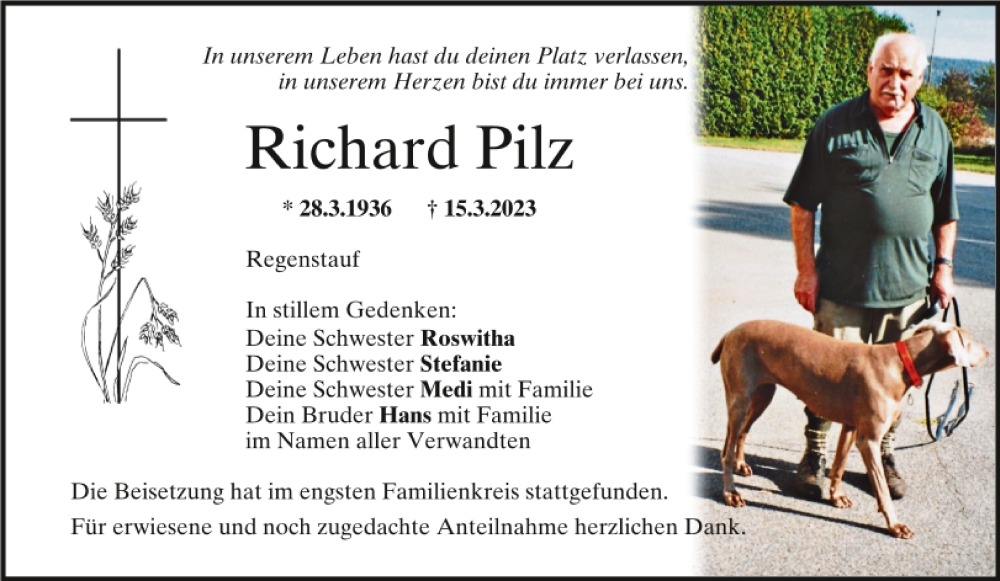 Traueranzeigen von Richard Pilz | Mittelbayerische Trauer