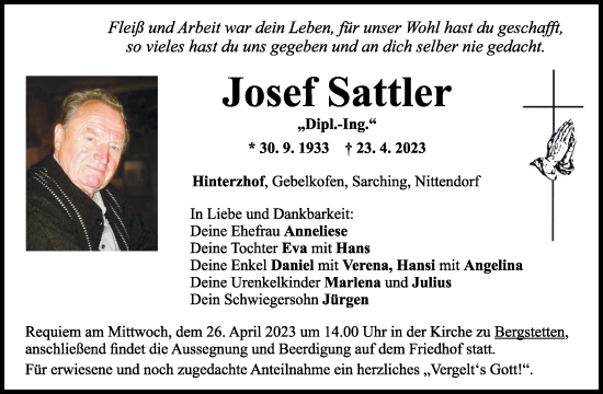 Traueranzeigen von Josef Sattler | Mittelbayerische Trauer