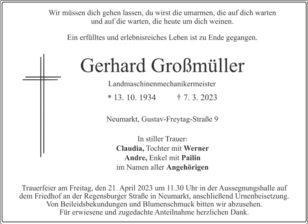Traueranzeigen von Gerhard Großmüller | Mittelbayerische Trauer