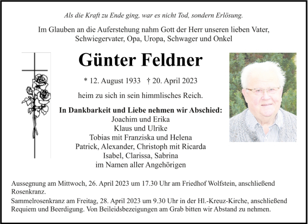 Traueranzeigen von Günter Feldner | Mittelbayerische Trauer