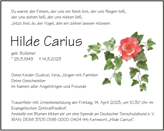 Traueranzeigen von Hilde Carius | Mittelbayerische Trauer