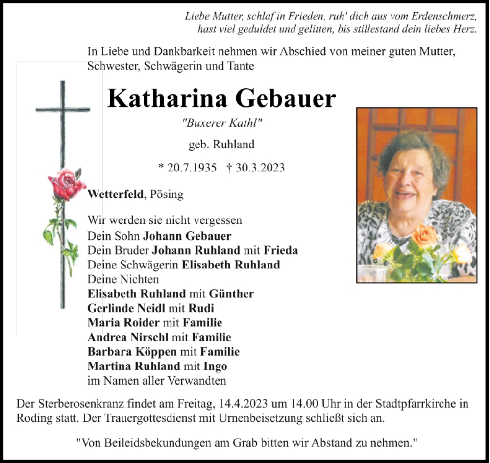 Traueranzeigen von Katharina Gebauer | Mittelbayerische Trauer