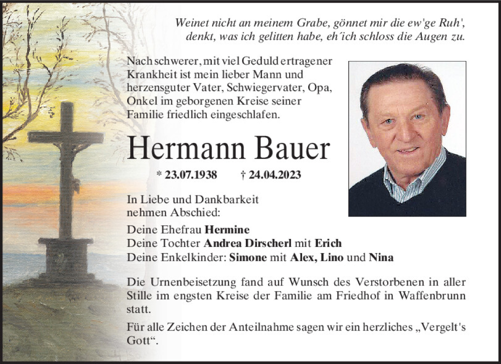 Traueranzeigen von Hermann Bauer | Mittelbayerische Trauer