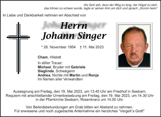 Traueranzeigen von Johann Singer | Mittelbayerische Trauer