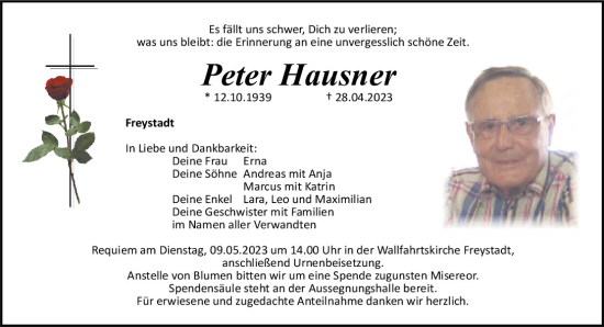 Traueranzeigen von Peter Hausner | Mittelbayerische Trauer