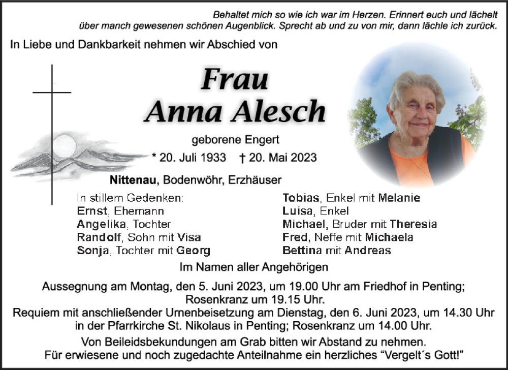 Traueranzeigen von Anna Alesch | Mittelbayerische Trauer